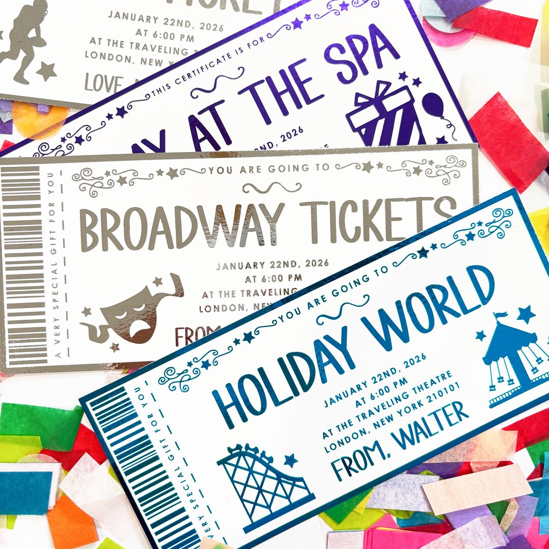 Personalized Birthday or Holiday Gift Event Ticket, Foil Custom Gift ...