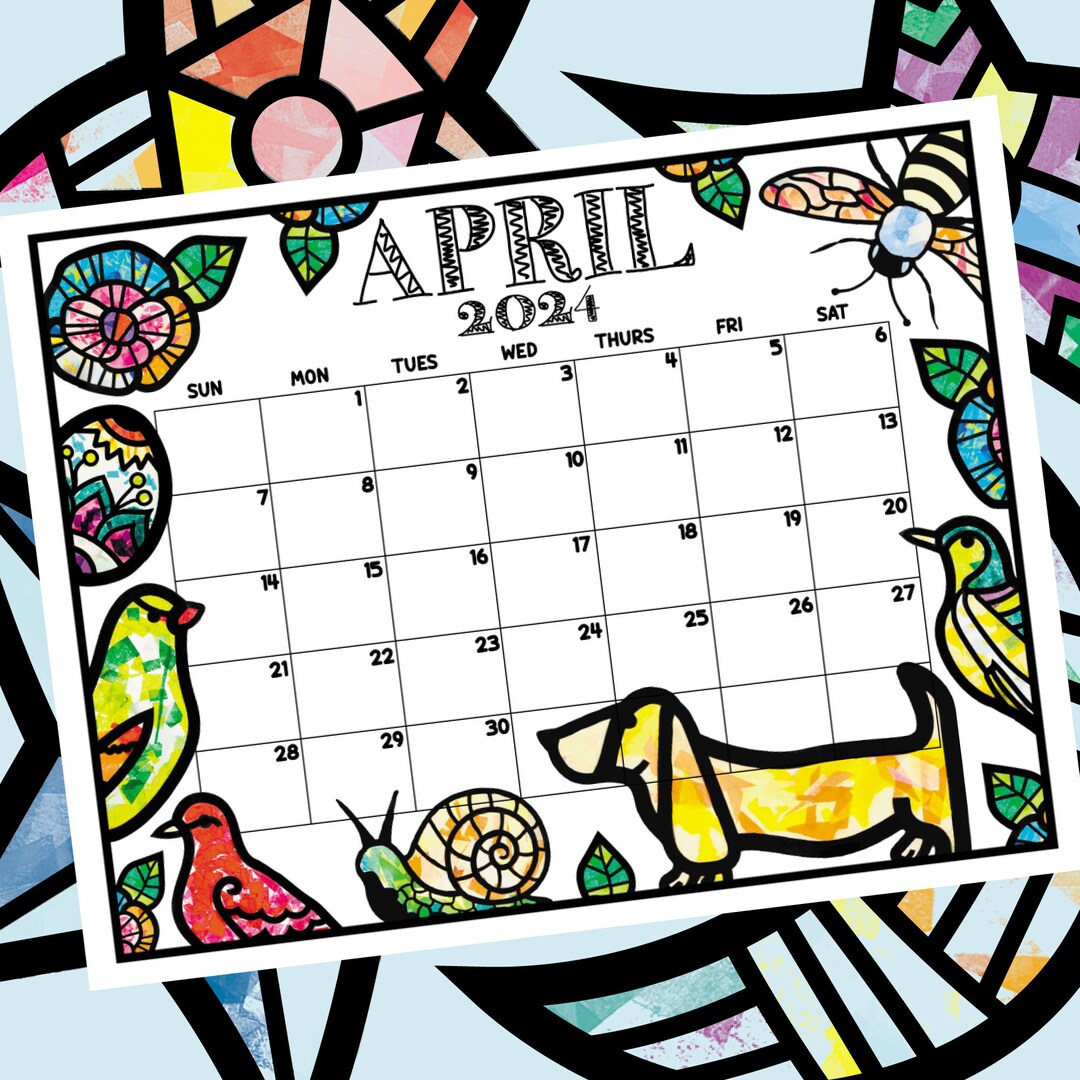 April Decorative 2024 Calendar, Printable Stained Glass Themed Wall ...