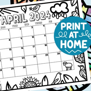 April 2024 Calendar, Printable Coloring Kids Calendar, Preschool ...