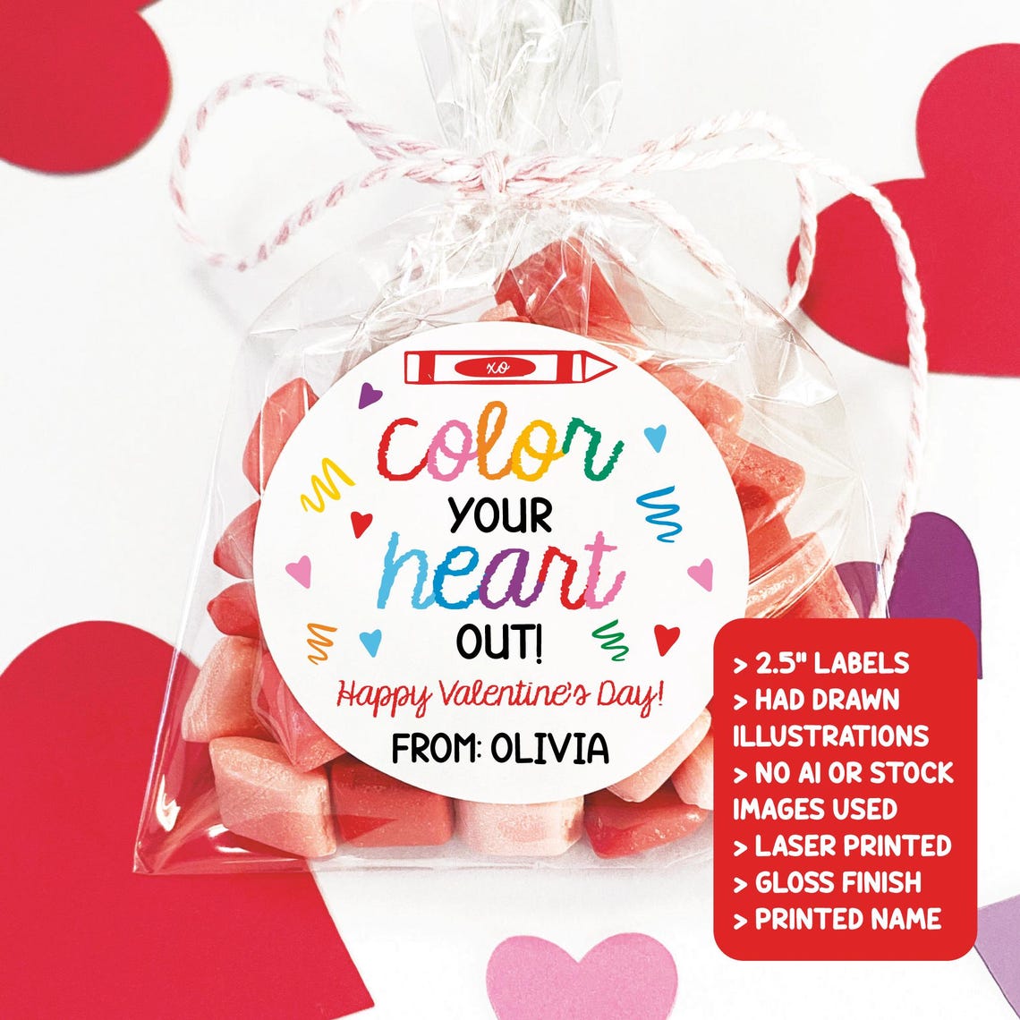 Crayon Valentines Day Printed Labels, 2.5 Round Coloring Stickers for ...