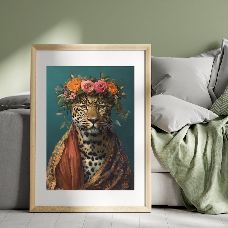 Leopard in Floral Crown Art Print: Luxurious Giclée Print, Jungle ...