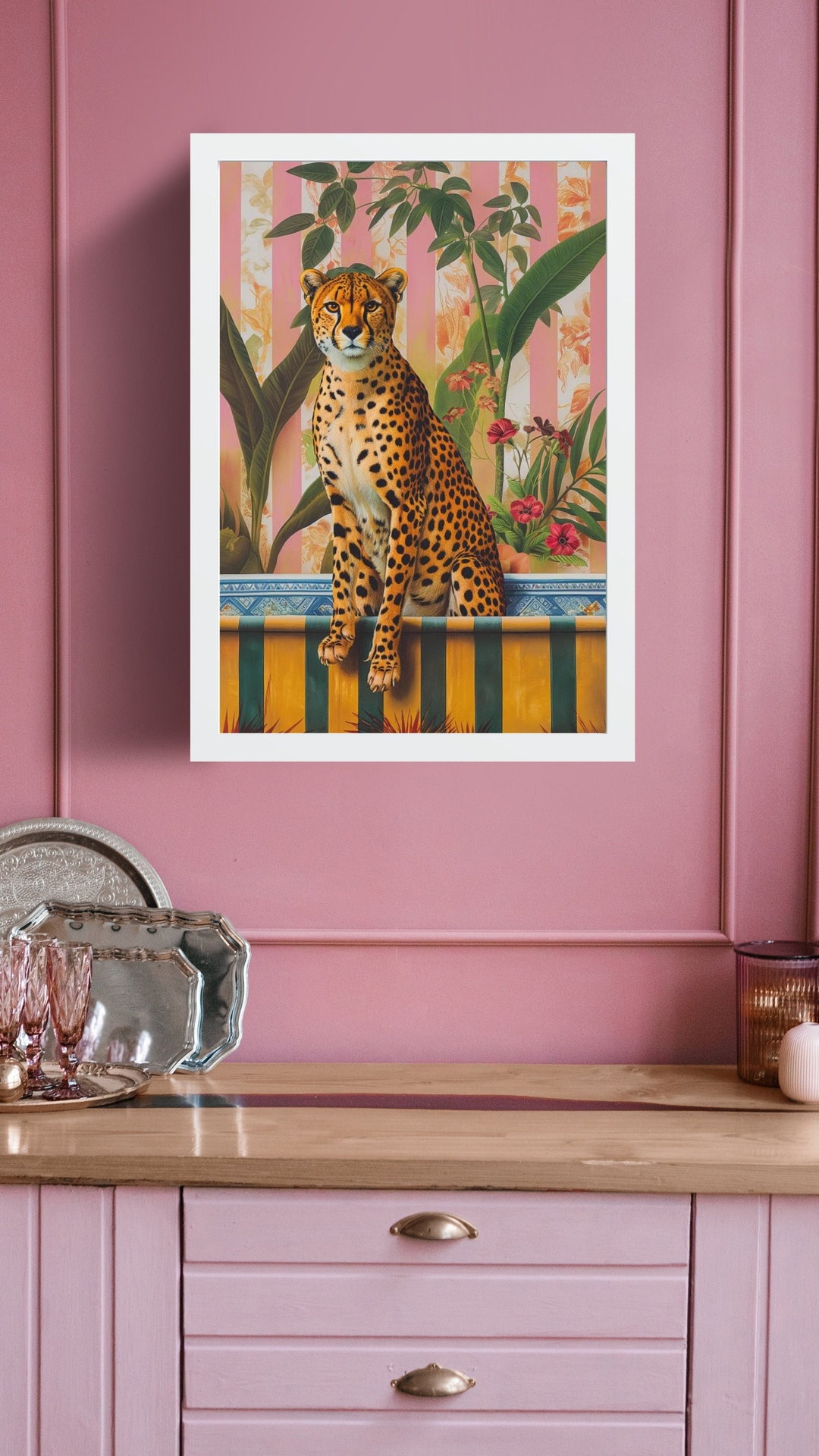 Jaguar With Floral Crown Art Print Exotic Animal Portrait in Vibrant ...