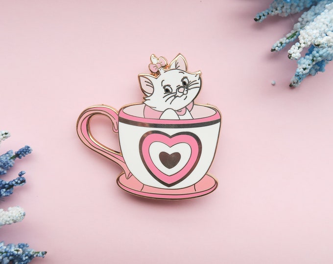 Marie Tea Cup Pin - Cute Enamel Pins - Cat Enamel Pin - Cute Label Pins ...