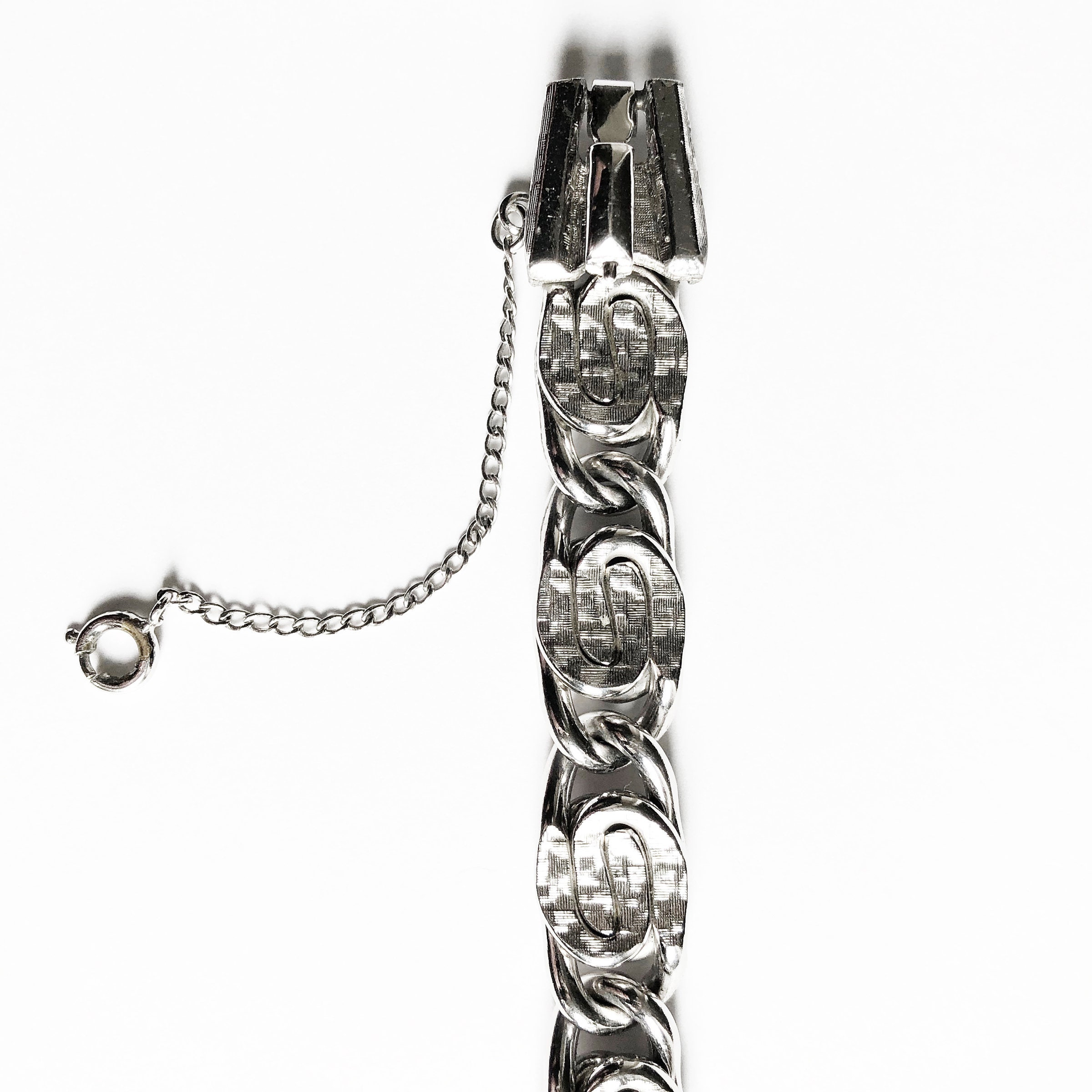 Vintage Silver Tone Greek Key Chain Link Bracelet. 60s Silver Tone ...