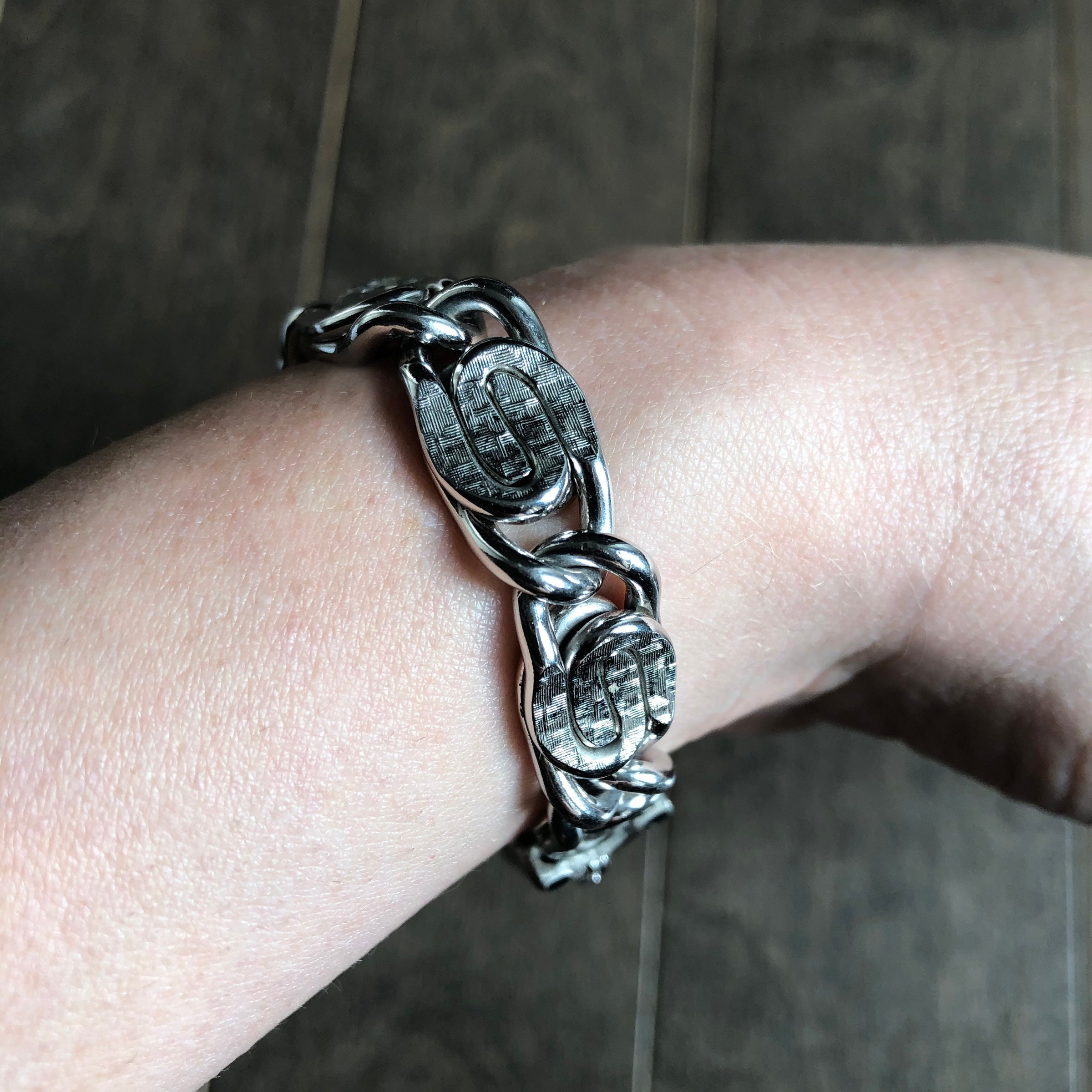 Vintage Silver Tone Greek Key Chain Link Bracelet. 60s Silver Tone ...