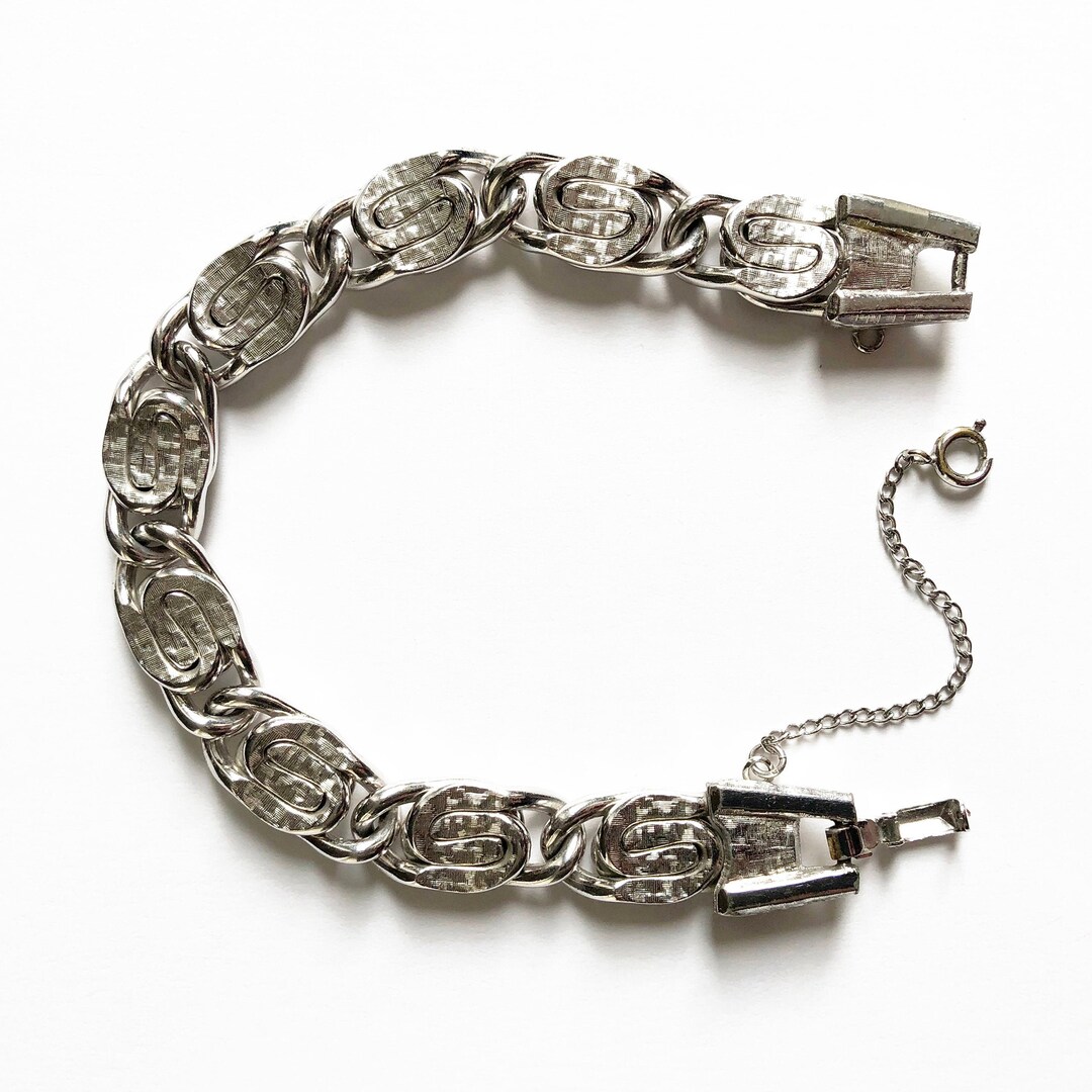 Vintage Silver Tone Greek Key Chain Link Bracelet. 60s Silver Tone ...