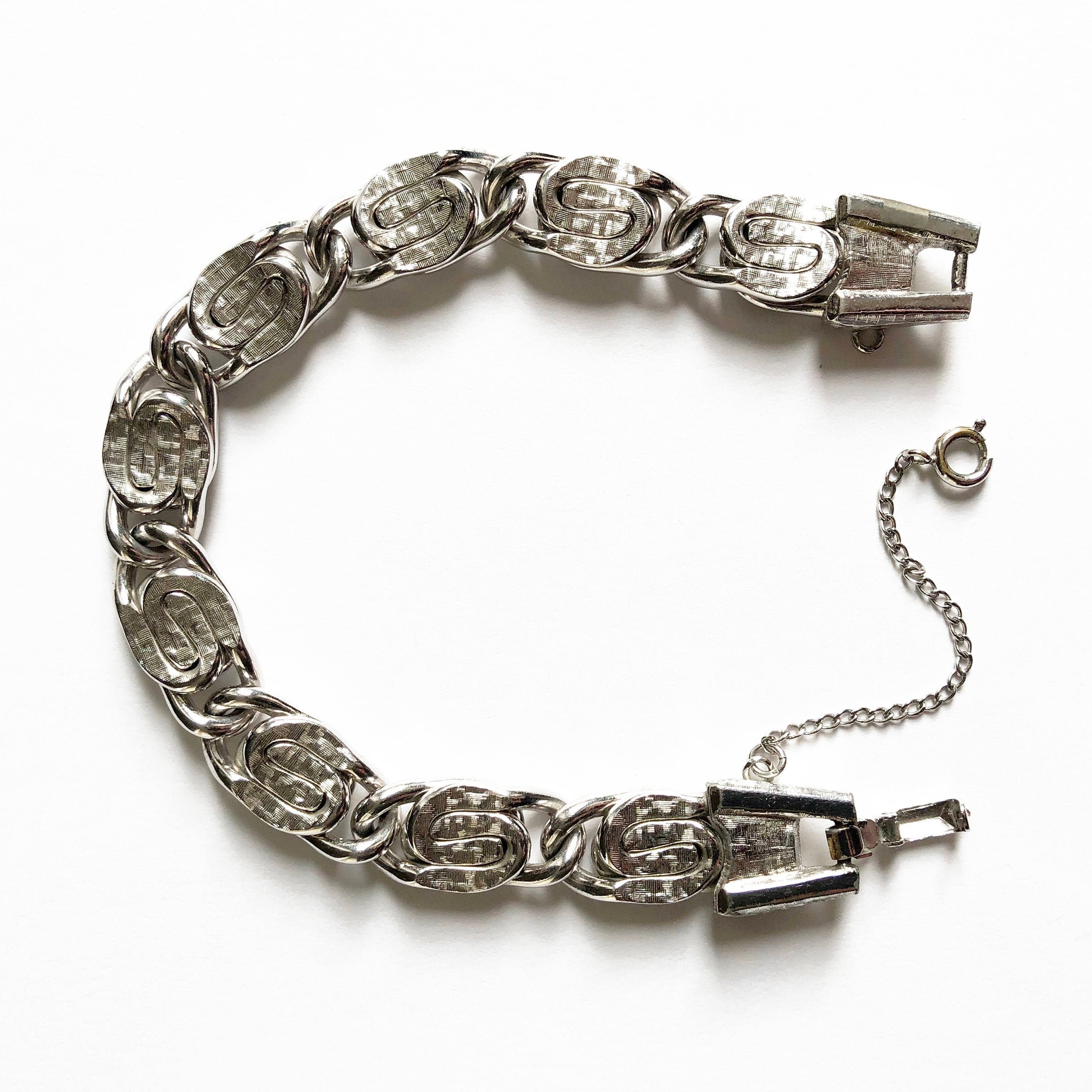 Vintage Silver Tone Greek Key Chain Link Bracelet. 60s Silver Tone ...