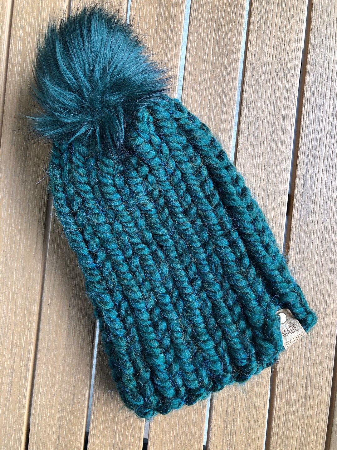 EXTRA CHUNKY Hand Knit Wool Blend Hat With Faux Fur Pom - Etsy