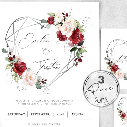 Red Roses Wedding Invite RSVP Card and Wishing Well INSTANT - Etsy