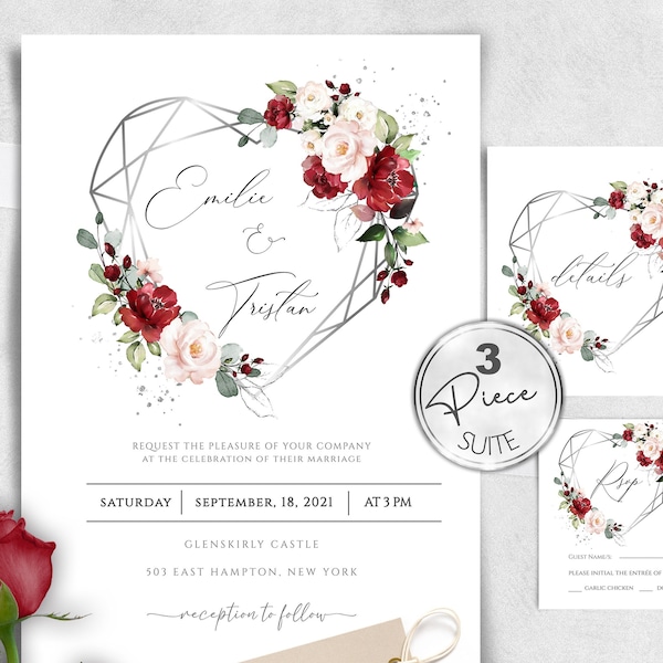Red Floral Wedding Invitation - Etsy