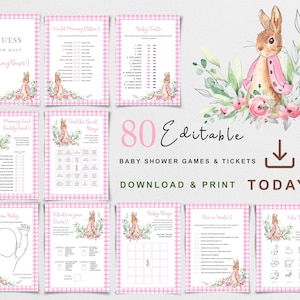 Peter Rabbit Baby Shower Games Bundle, Pink Peter Rabbit Baby Shower ...