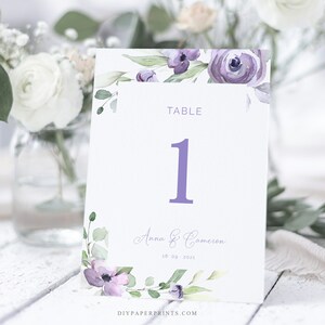 Purple Floral Wedding Table Number Template (instant Download) - Etsy