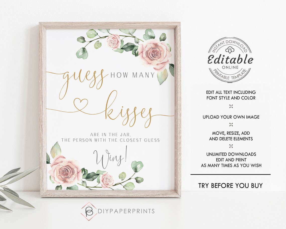 Guess How Many Kisses Cards and Sign Printable Pink Floral | Etsy