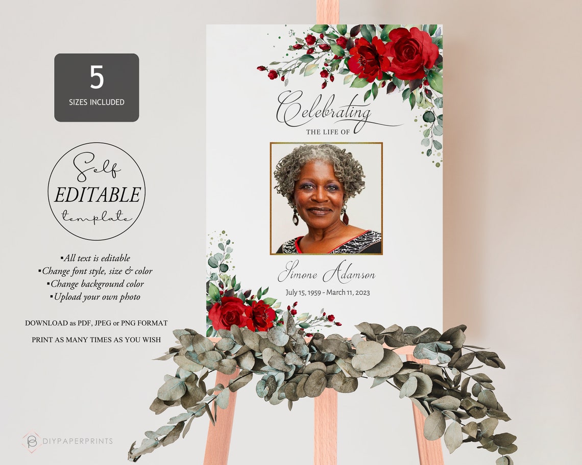 Red Roses Funeral Welcome Sign, Celebration of Life (editable Digital ...