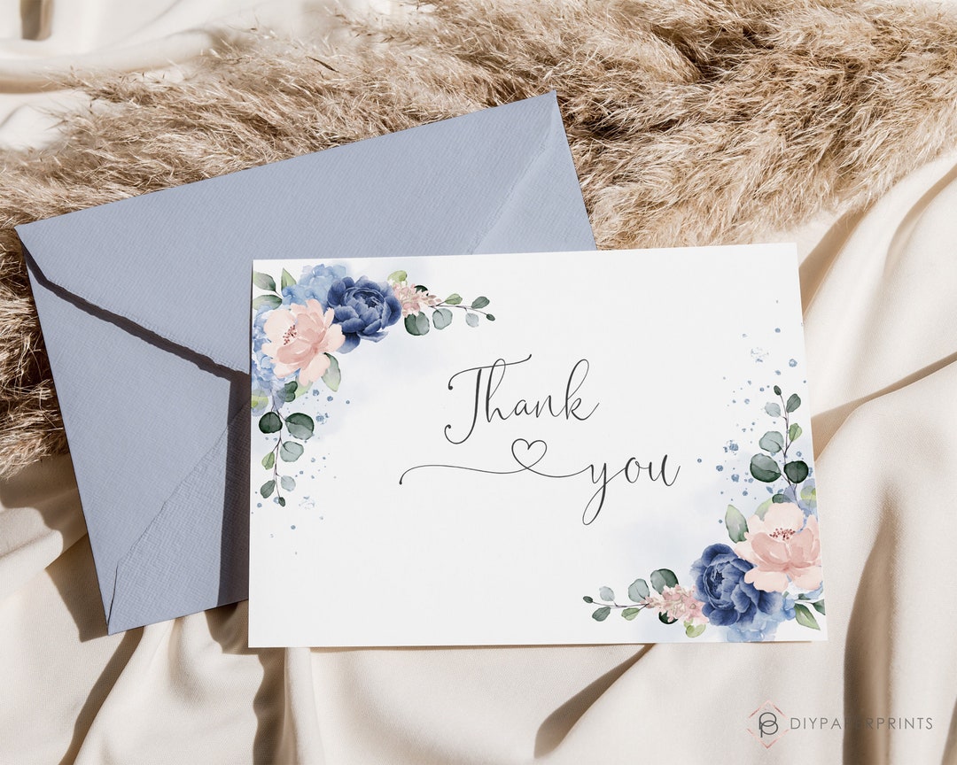 Thank You Card Template, Blue and Pink Thank You Notes, Wedding, Bridal ...
