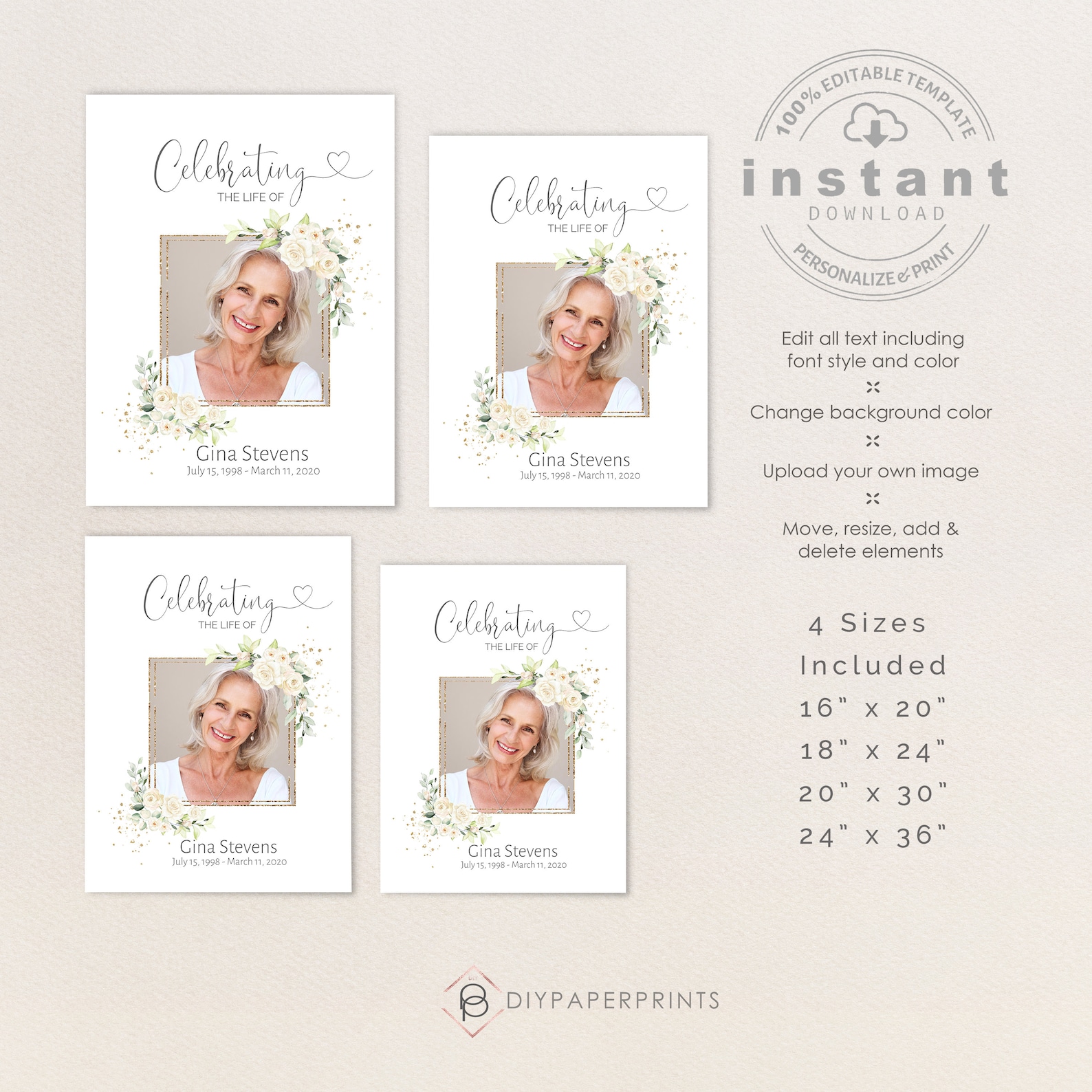 White Floral Funeral Sign, Editable Funeral, Celebration of Life ...