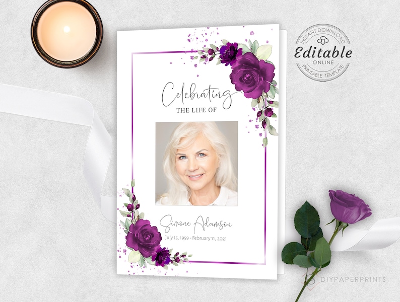 Funeral Program Template Purple Flowers Funeral Printable - Etsy