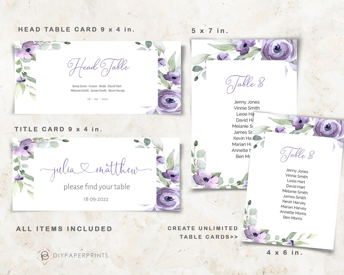 Seating Chart Template, Editable Purple Seating Cards, Seating Chart ...