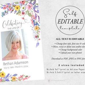 Editable Funeral Program Template Wildflowers, Yellow Pink Purple ...