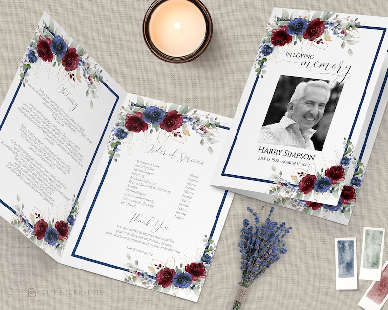 Funeral Program Template Burgundy Blue Roses Men Women - Etsy