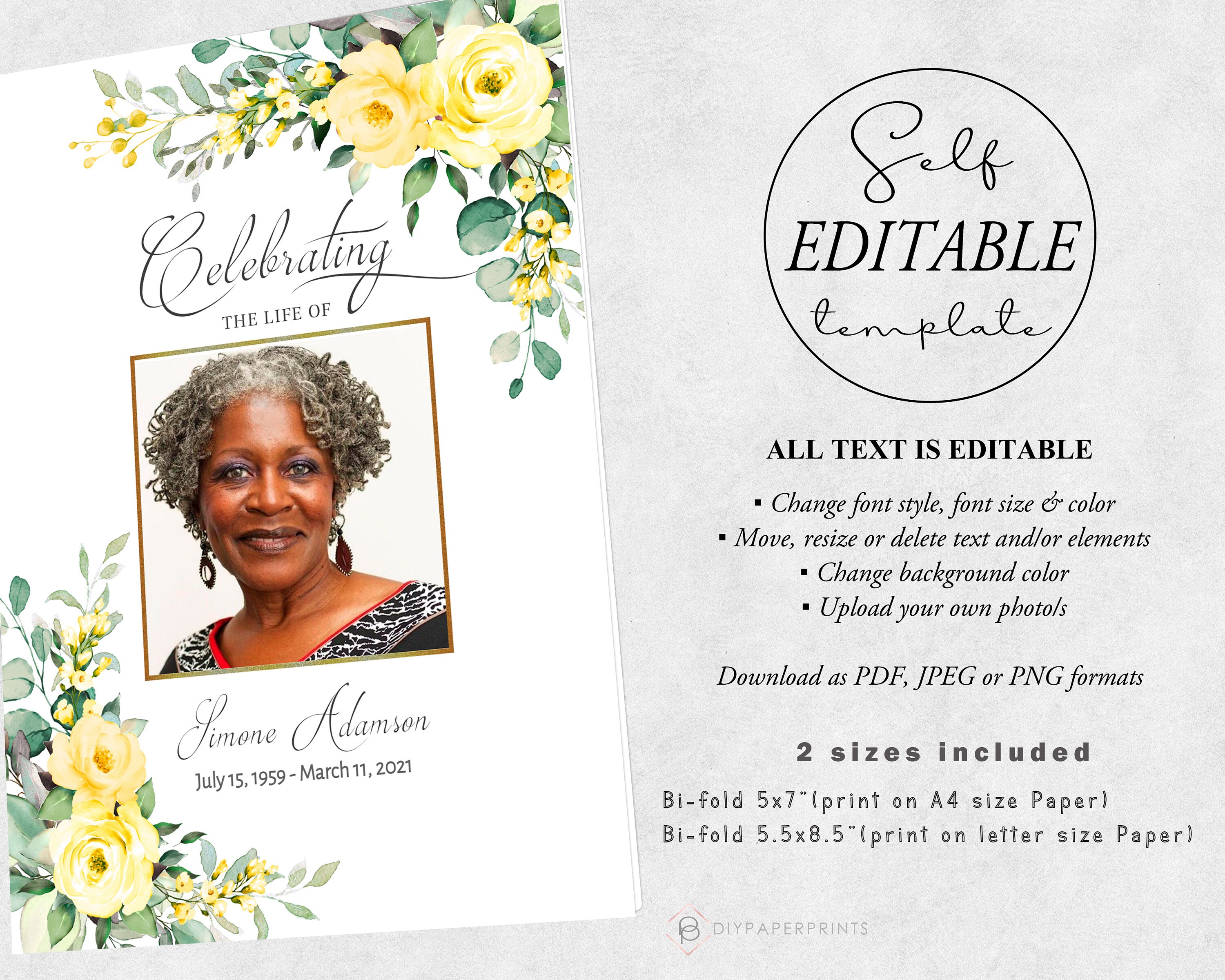 Yellow Floral Funeral Program Template: Editable Memorial Service ...