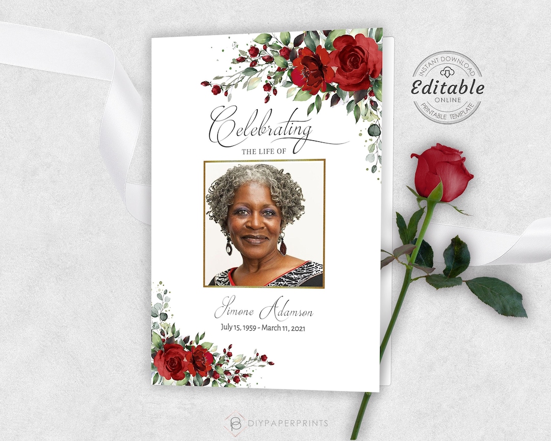 Editable Funeral Program Template, Memorial Service Template, Red Roses ...