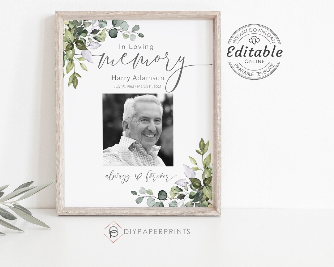 Greenery Funeral Memorial Sign, Celebration of Life Picture Sign ...