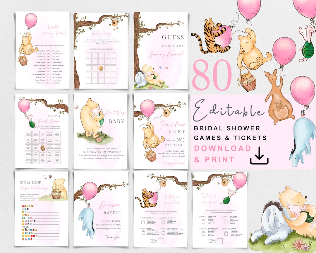 Winnie the Pooh Baby Shower Games Bundle Pink Printable Pooh Girl ...