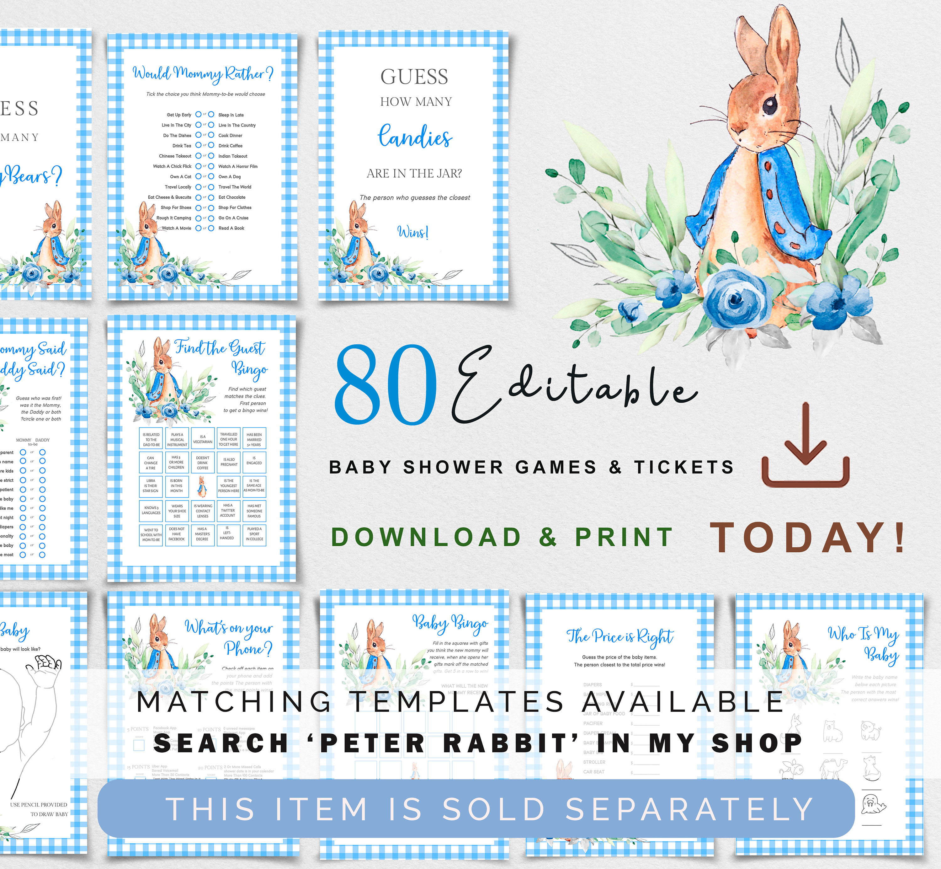 Peter Rabbit Baby Shower Games Bundle, Pink Peter Rabbit Baby Shower ...