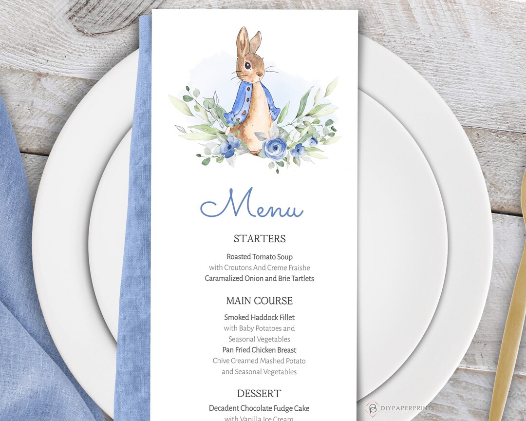 Peter Rabbit Menu Template, Menu Card Template, Baby Shower Menu ...