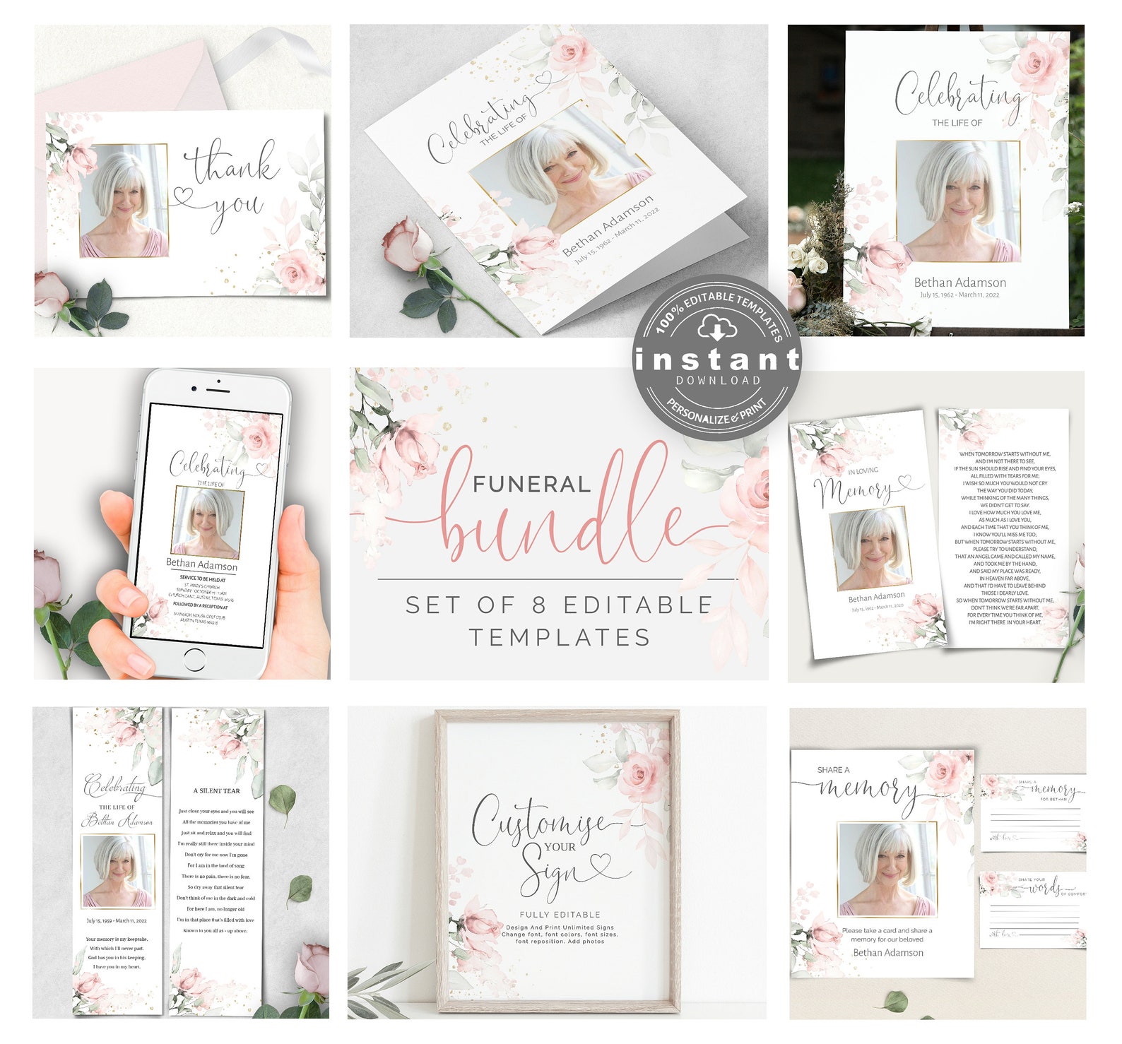 Funeral Bundle Set, Pink Celebration of Life, Funeral Memorial Pack, in ...