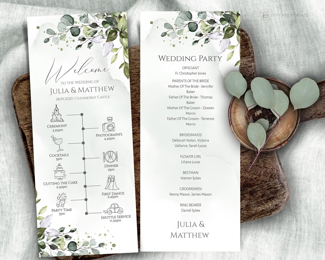 Greenery Wedding Timeline Program Template, Order of Events Program ...