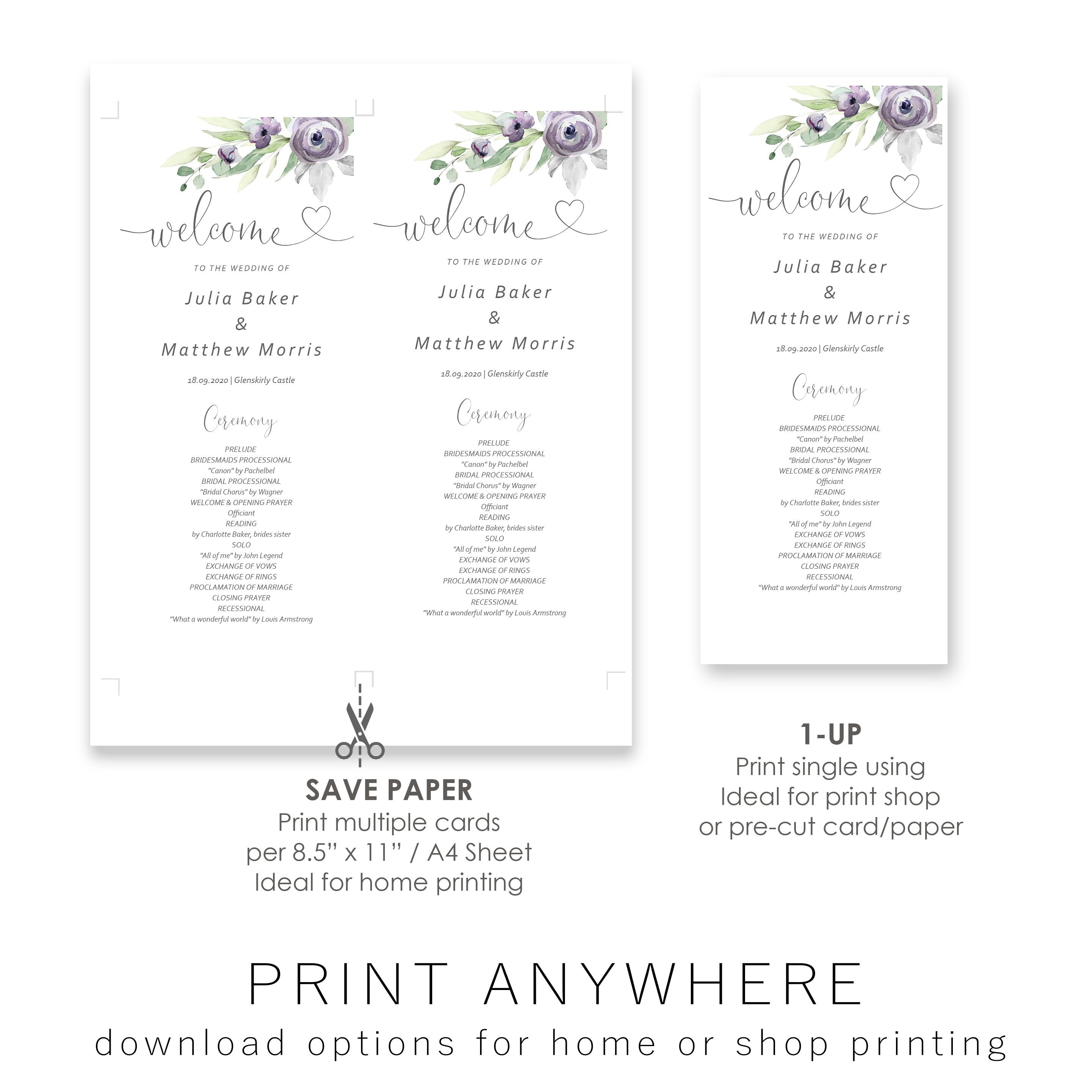 Purple Wedding Program Template, Printable Order of Service, 100% ...