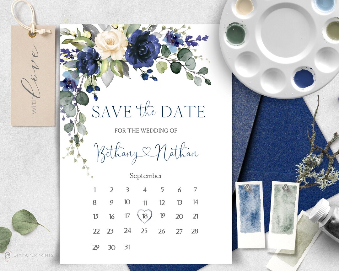 Navy Wedding Save the Date Template, Save the Date Card, Printable ...
