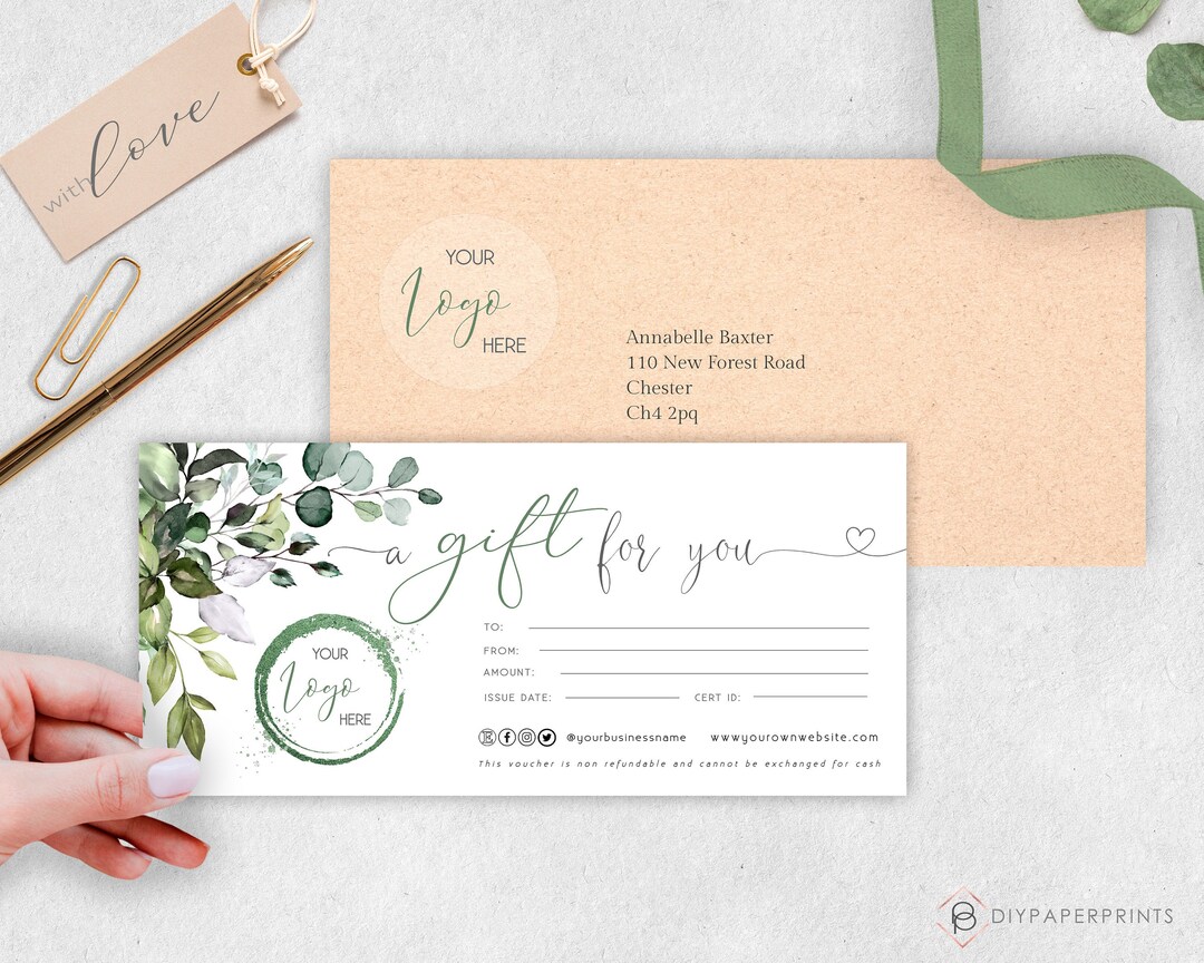 Greenery Gift Certificate Template, Printable Holiday Gift Cards ...