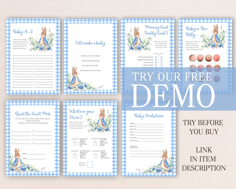 Peter Rabbit Baby Shower Games Bundle, Blue Peter Rabbit Baby Shower ...