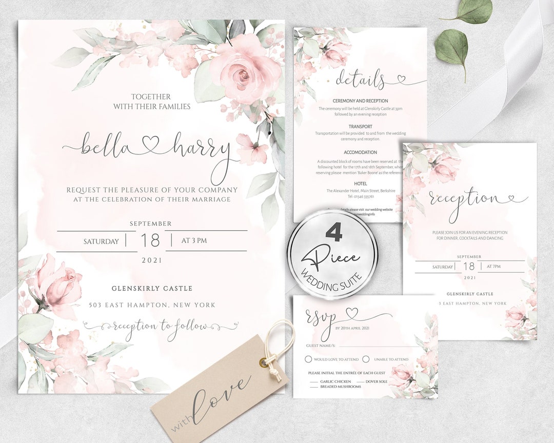 Wedding Invitation Template Suite, Blush Pink 4 Piece Wedding ...