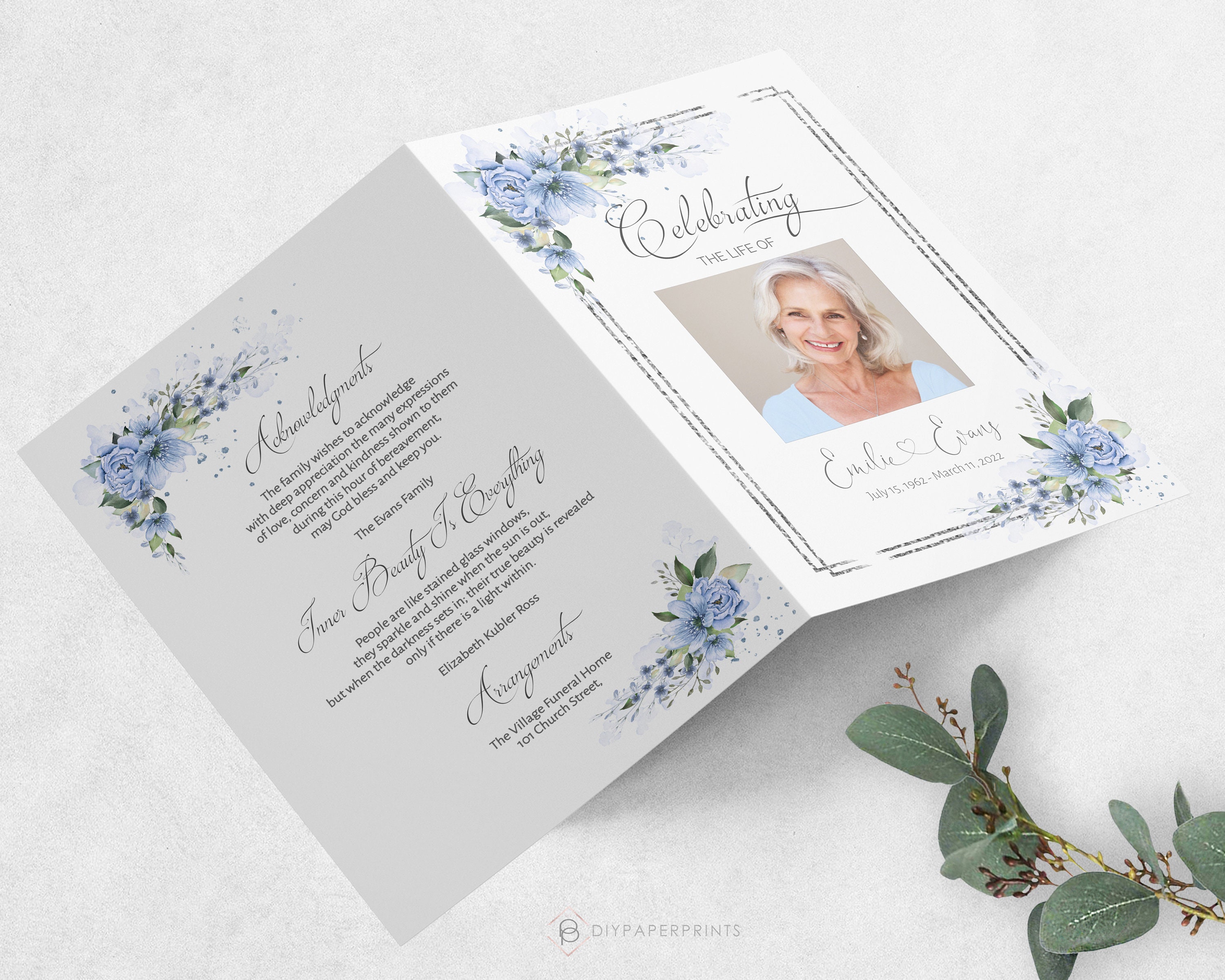 Editable Funeral Program, Blue Funeral Memorial Template, Order of ...