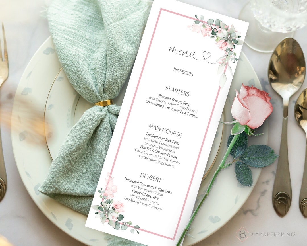 Menu Card, Pink Floral Menu Template, Watercolor Editable Dinner ...