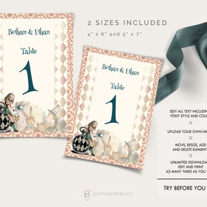 Table Number Card Template, Alice in Wonderland Wedding Table Number ...