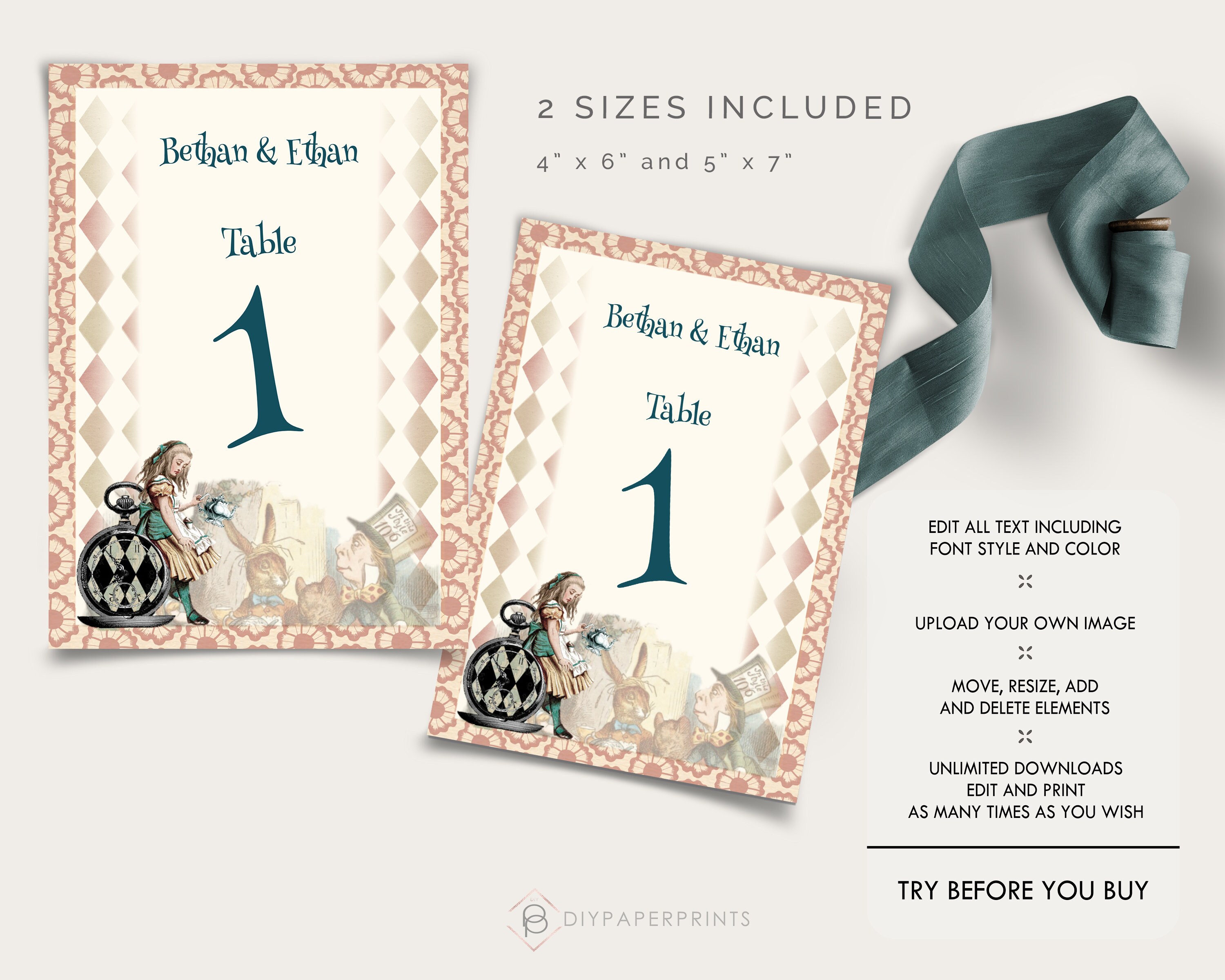 Table Number Card Template, Alice in Wonderland Wedding Table Number ...