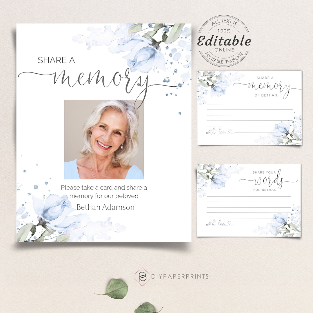 Funeral Share a Memory Card Template, Blue Funeral Memorial , Printable ...