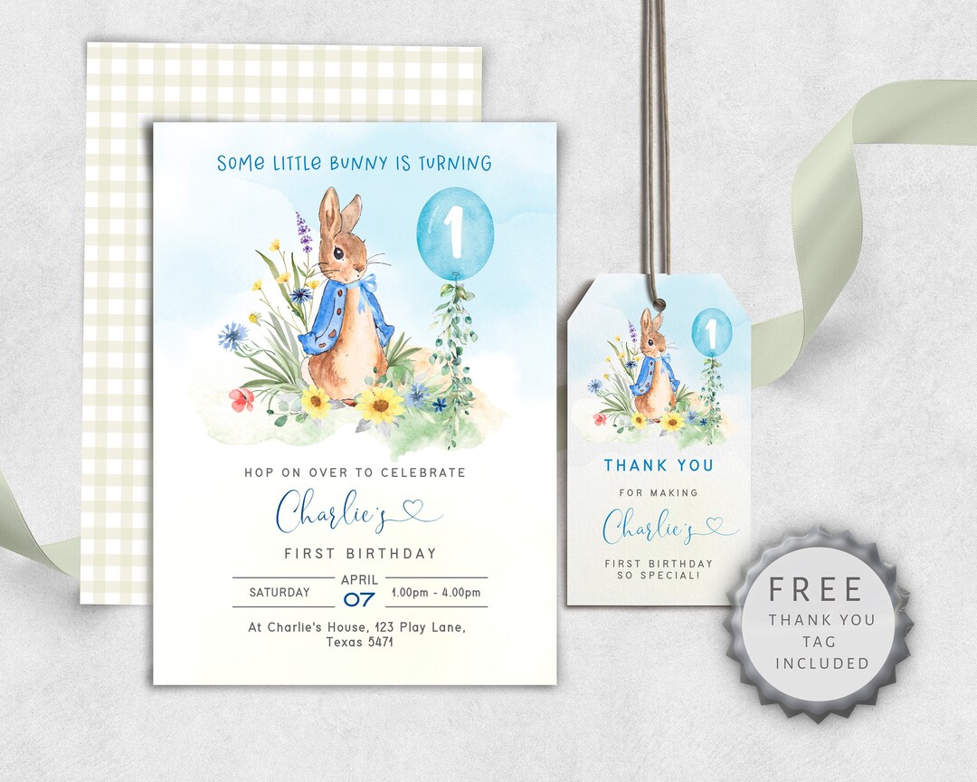 Peter Rabbit Birthday Invitation Template, Blue 1st, Any Age Birthday ...