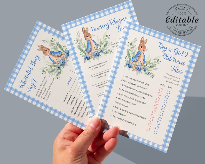 Peter Rabbit Baby Shower Games Bundle, Blue Peter Rabbit Baby Shower ...