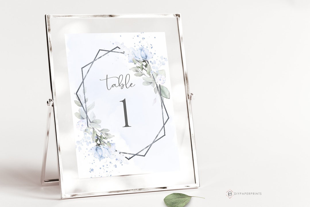 Table Number Card Template, Blue and Silver Wedding Table Number ...