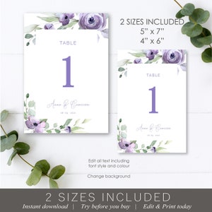 Purple Floral Wedding Table Number Template (instant Download) - Etsy