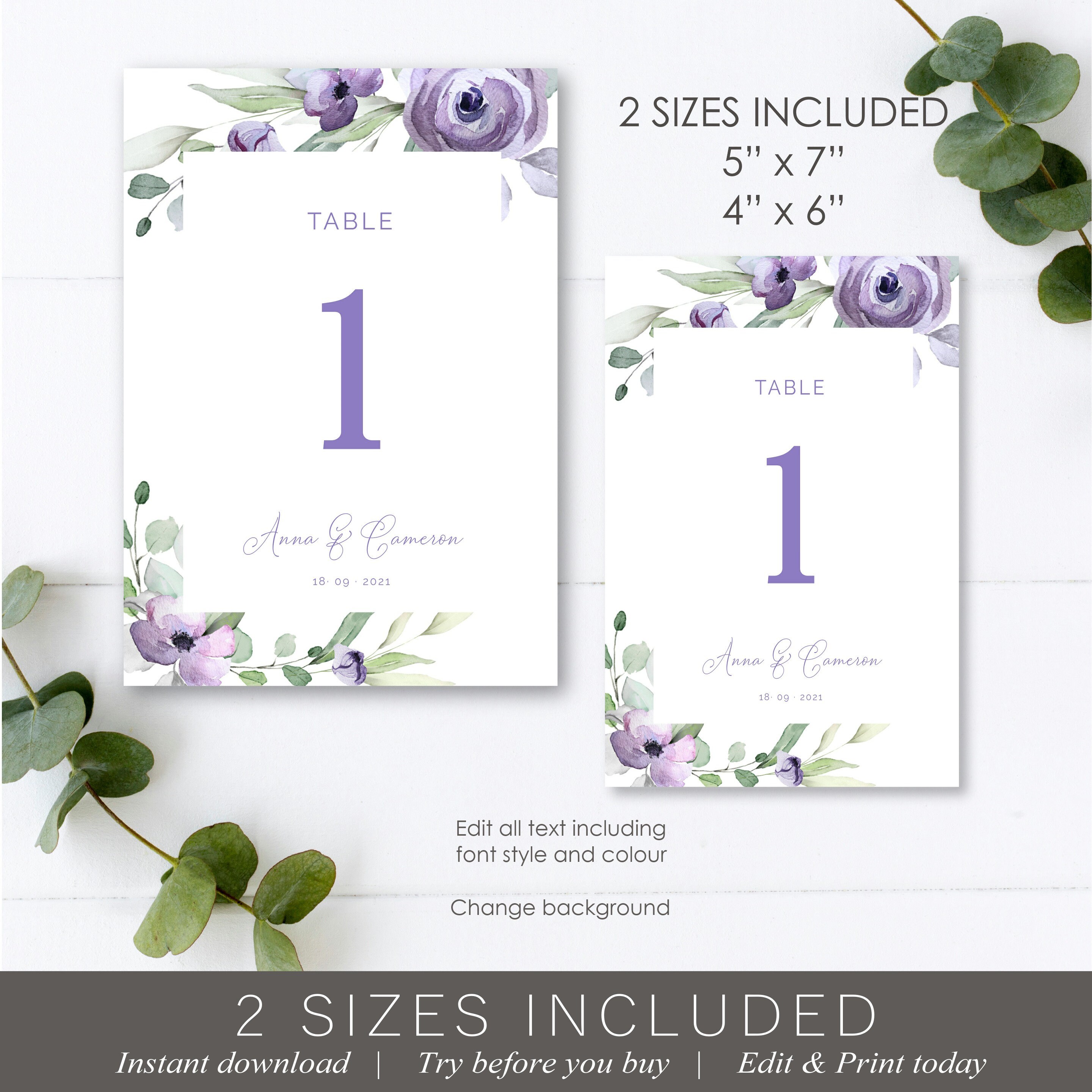 Purple Floral Wedding Table Number Template (instant Download) - Etsy