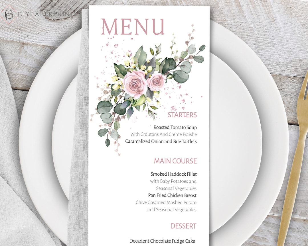 Wedding Menu Cards, Dinner Menu Cards, Pink Floral Menu, Wedding Menu ...
