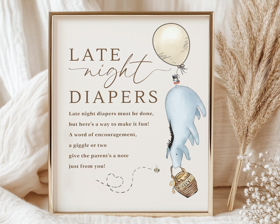 Winnie the Pooh Baby Shower Game: Late Night Diapers Sign (canva ...
