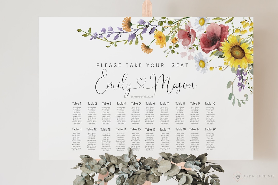 Seating Chart Template, Wild Flowers Calligraphy, Gold Autumn Floral ...